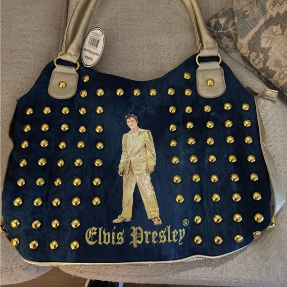 Bags | Elvis Presley Blue And Gold Studded Tote Bag | Poshmark